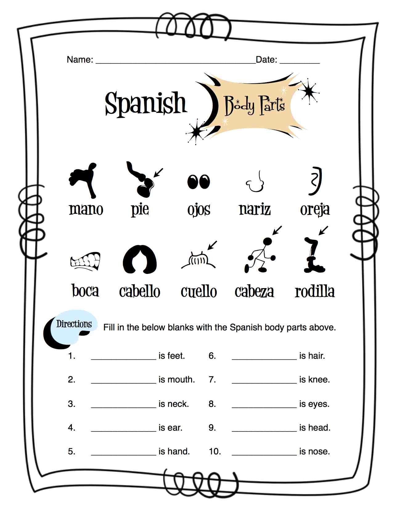 Body Parts Worksheets In Spanish - Kids Worksheets Lab